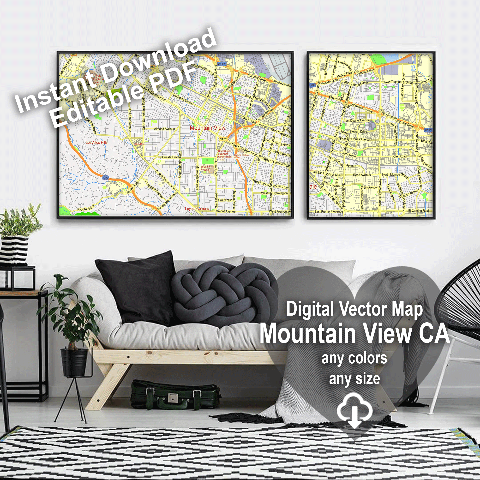 Mountain View California US editable layered PDF Vector Map – Maps in ...