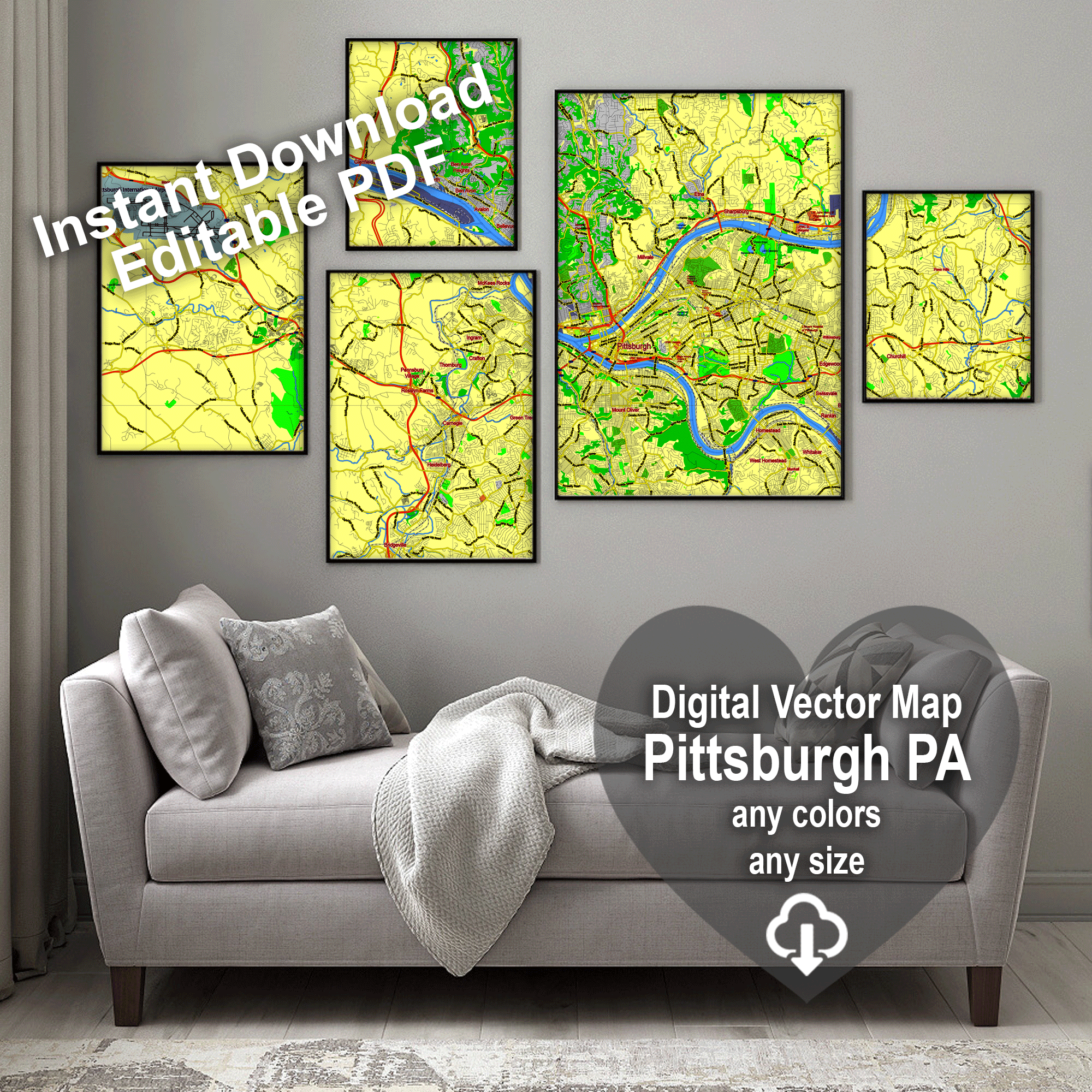 Pittsburgh Pennsylvania US editable layered PDF Vector Map Version 33 ...