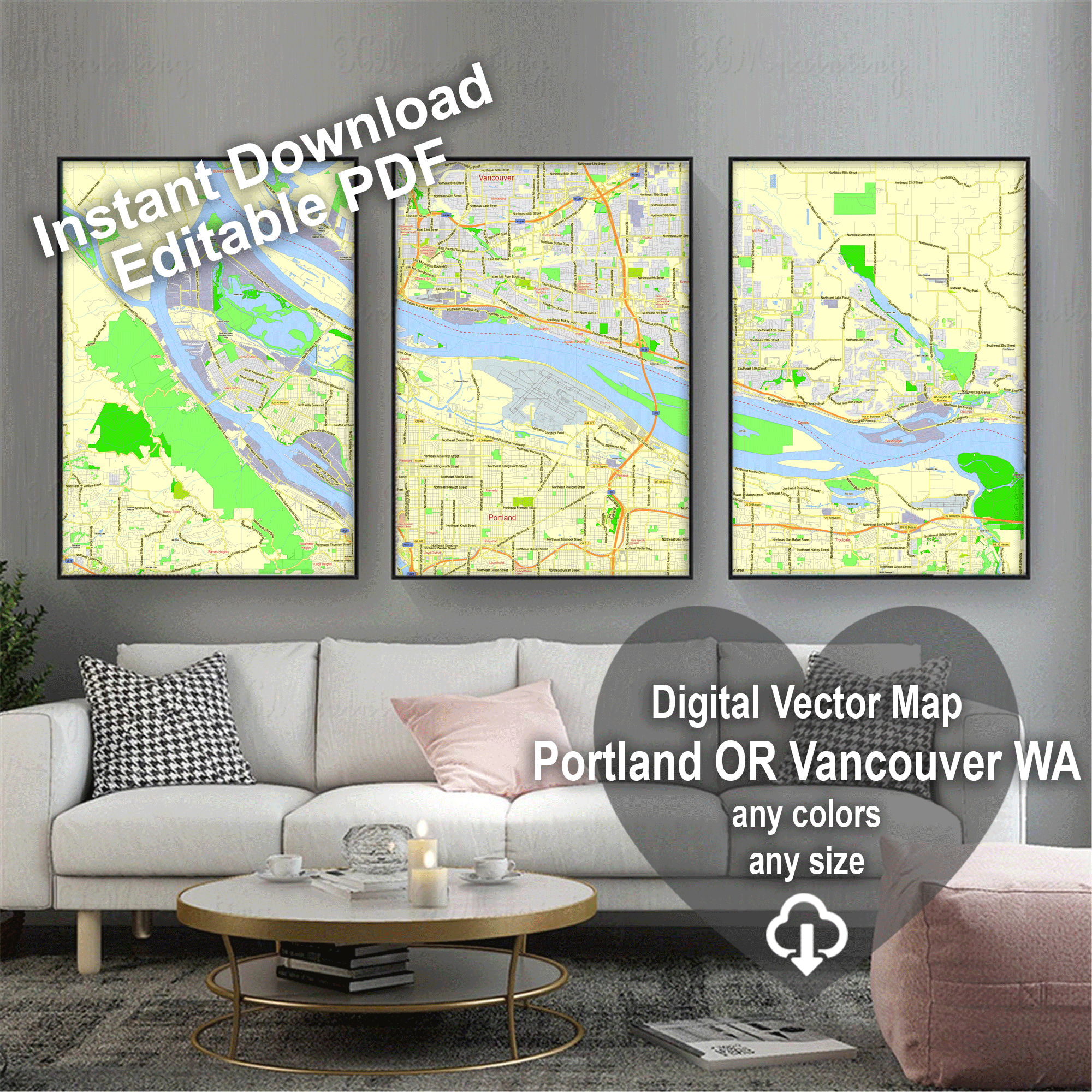 Portland Oregon Vancouver Washington Us Editable Layered Pdf Vector Map