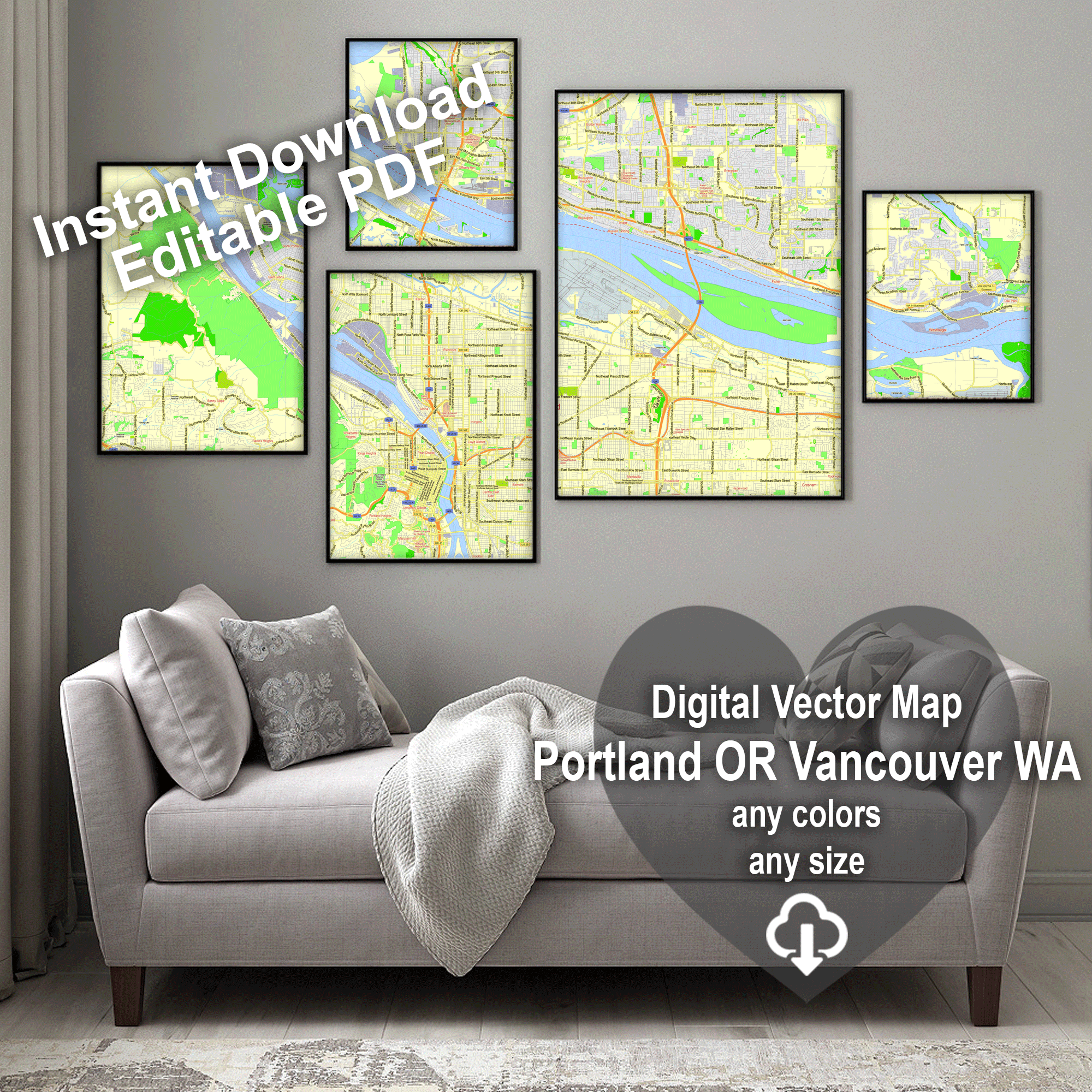 Portland Oregon Vancouver Washington Us Editable Layered Pdf Vector Map