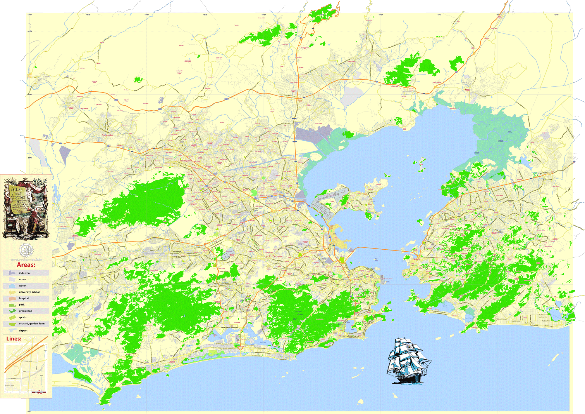 Rio de Janeiro Brazil editable layered PDF Vector Map https://vectormap ...