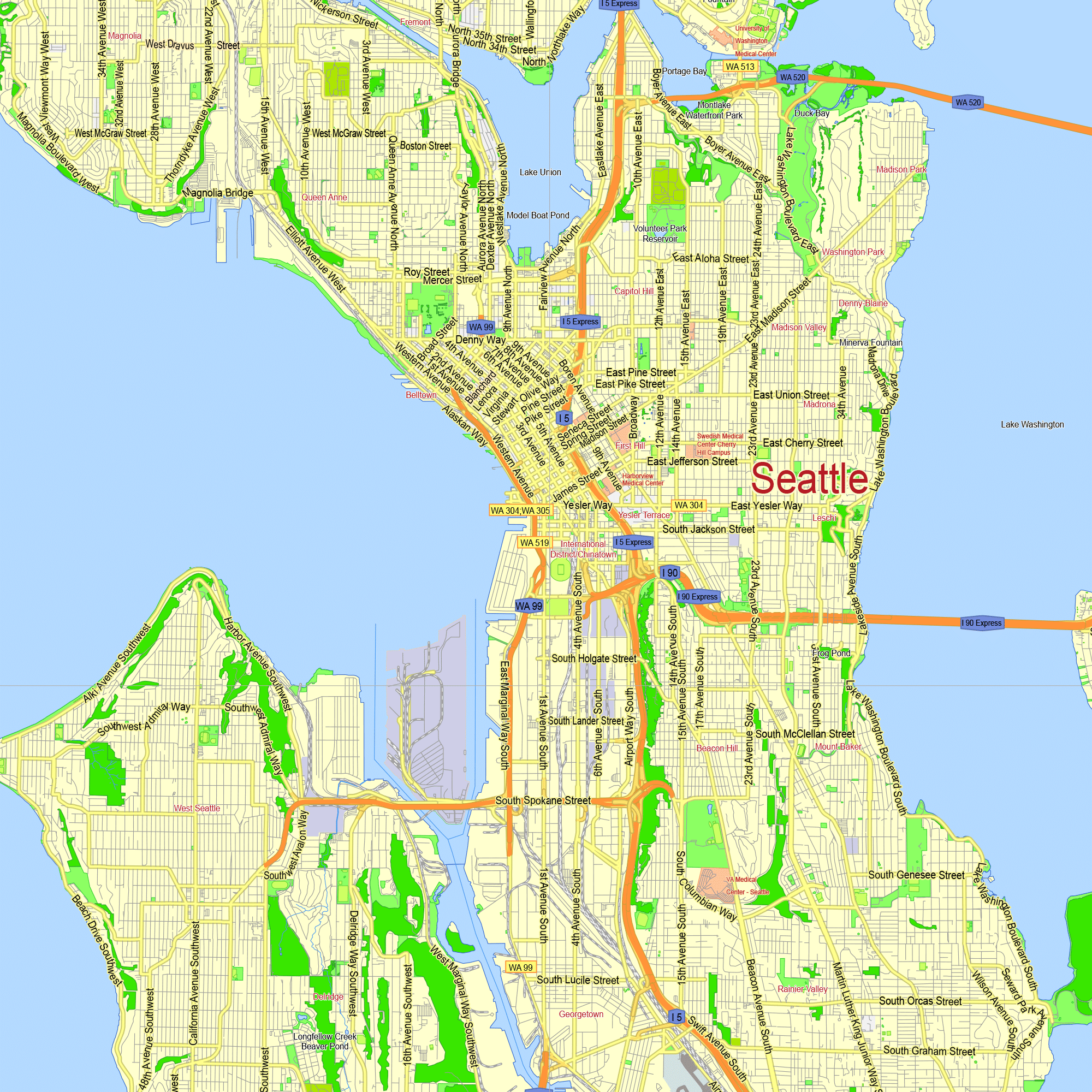 Seattle Washington US editable layered PDF Vector Map Version 22