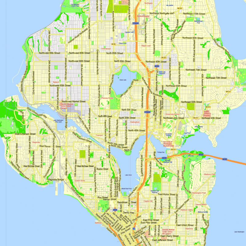 Seattle Washington US editable layered PDF Vector Map – Maps in Vector ...