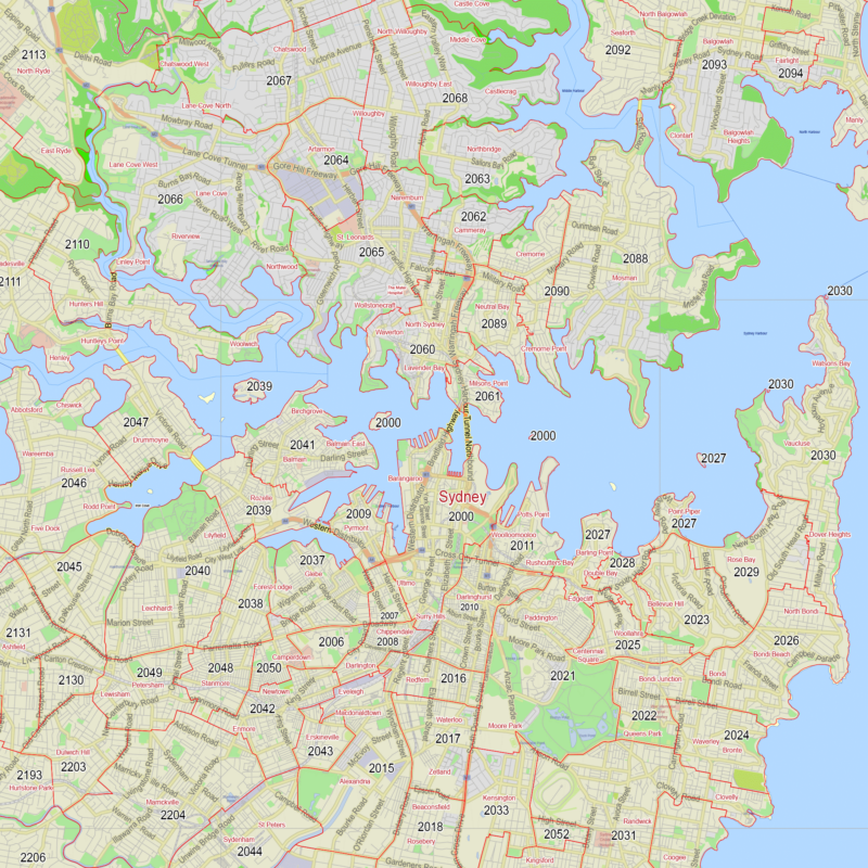 Sydney Australia editable layered PDF Vector Map Version 44 Zip-codes