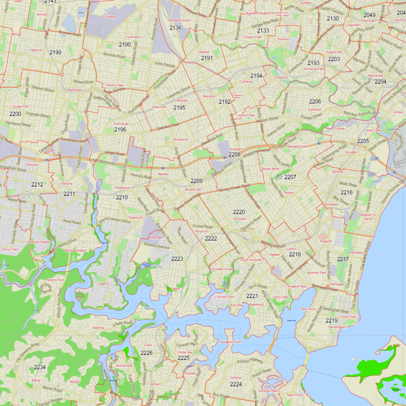 Sydney Australia editable layered PDF Vector Map Version 44 Zip-codes
