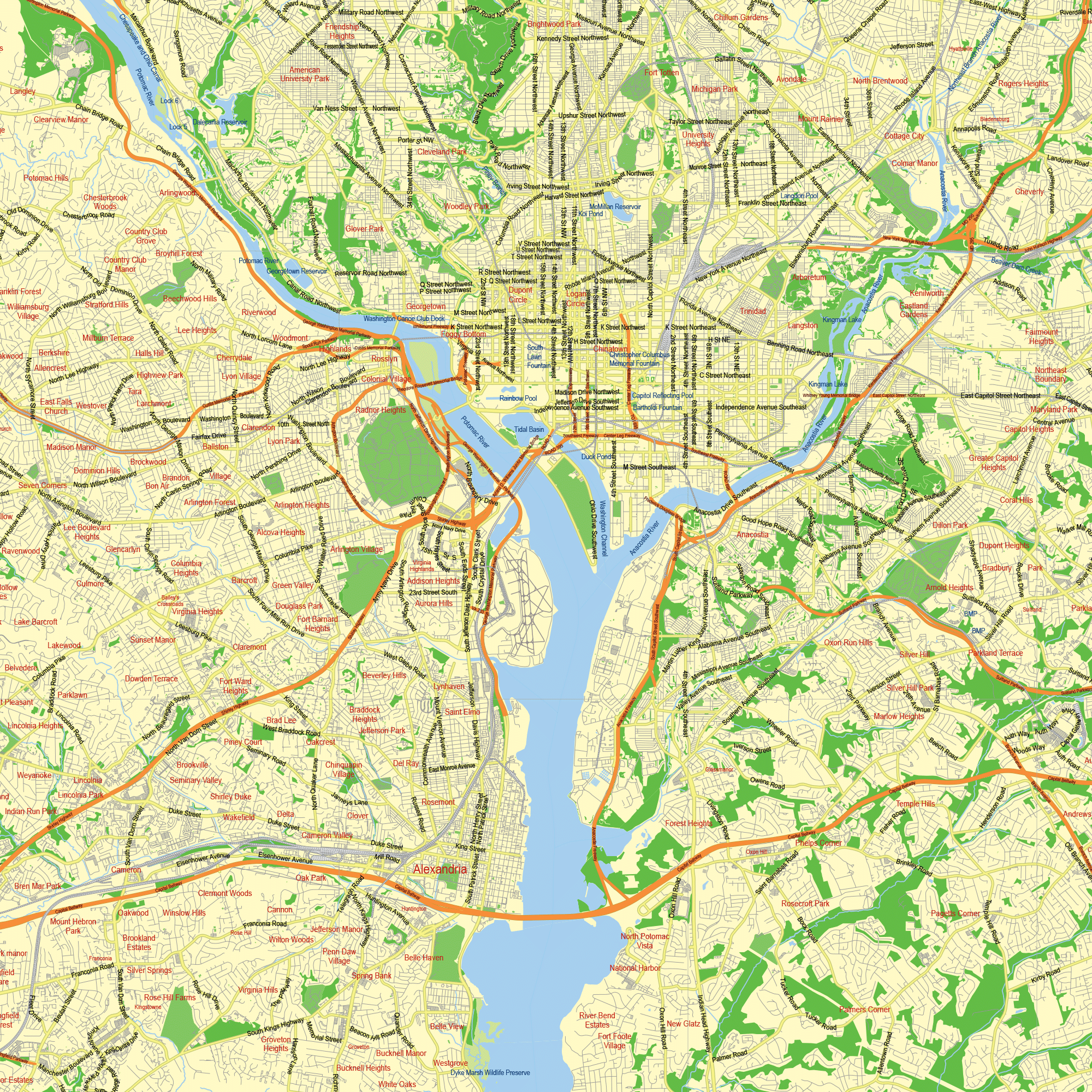 Washington DC + Baltimore Maryland US editable layered PDF Vector Map