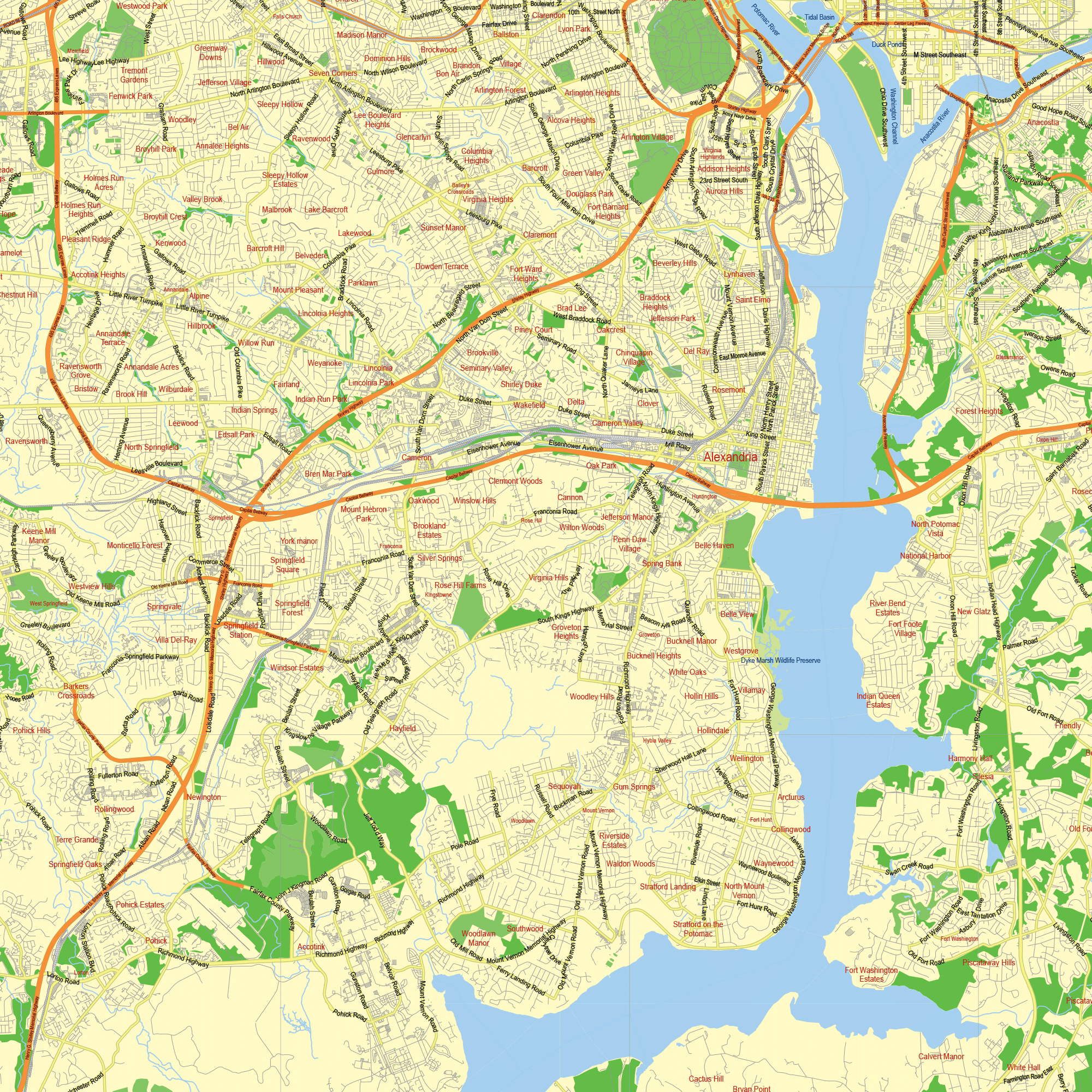 Washington DC + Baltimore Maryland US editable layered PDF Vector Map