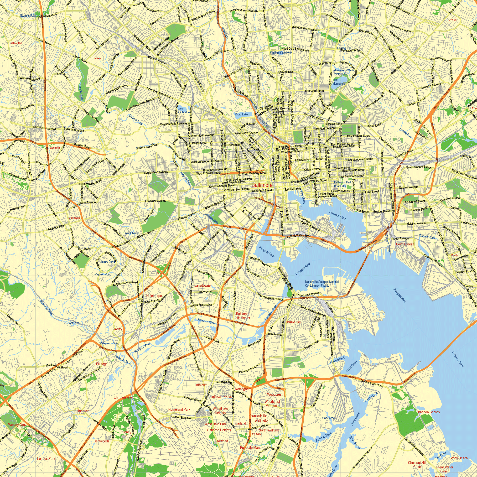 Washington DC + Baltimore Maryland US editable layered PDF Vector Map