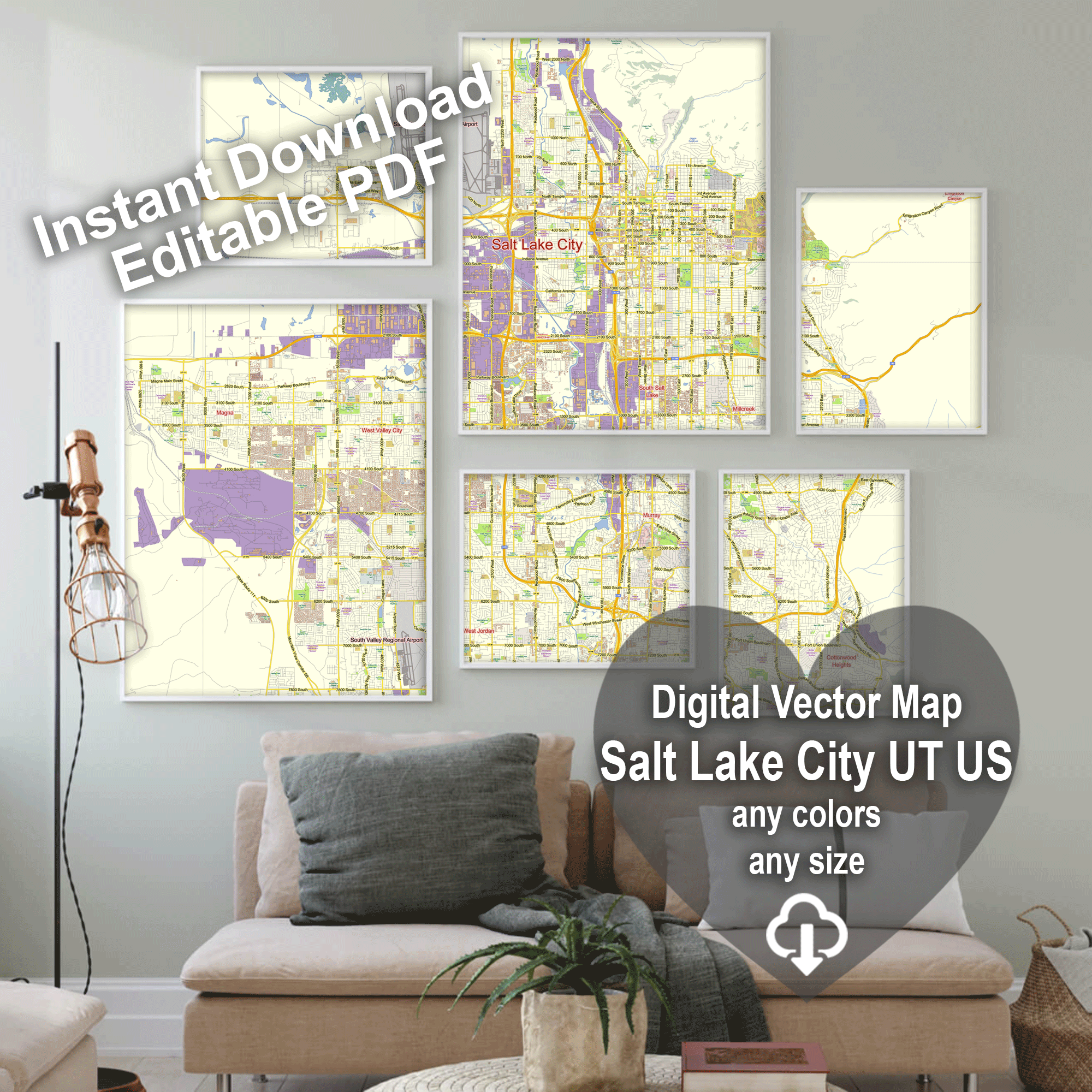 Salt Lake City Utah US editable layered PDF Vector Map https ...