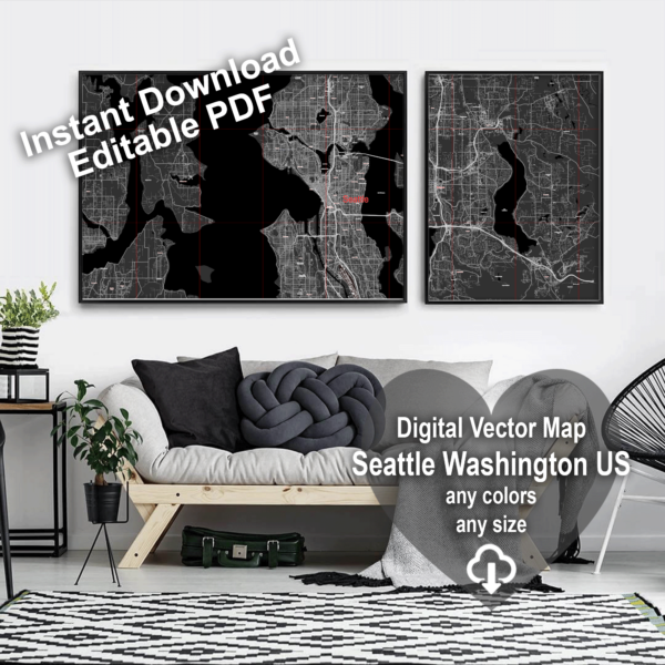 Seattle Washington US PDF Vector Map: City Plan Low Detailed (simple ...