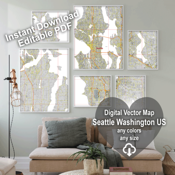 Seattle Washington US Map Vector City Plan Low Detailed (simple white ...