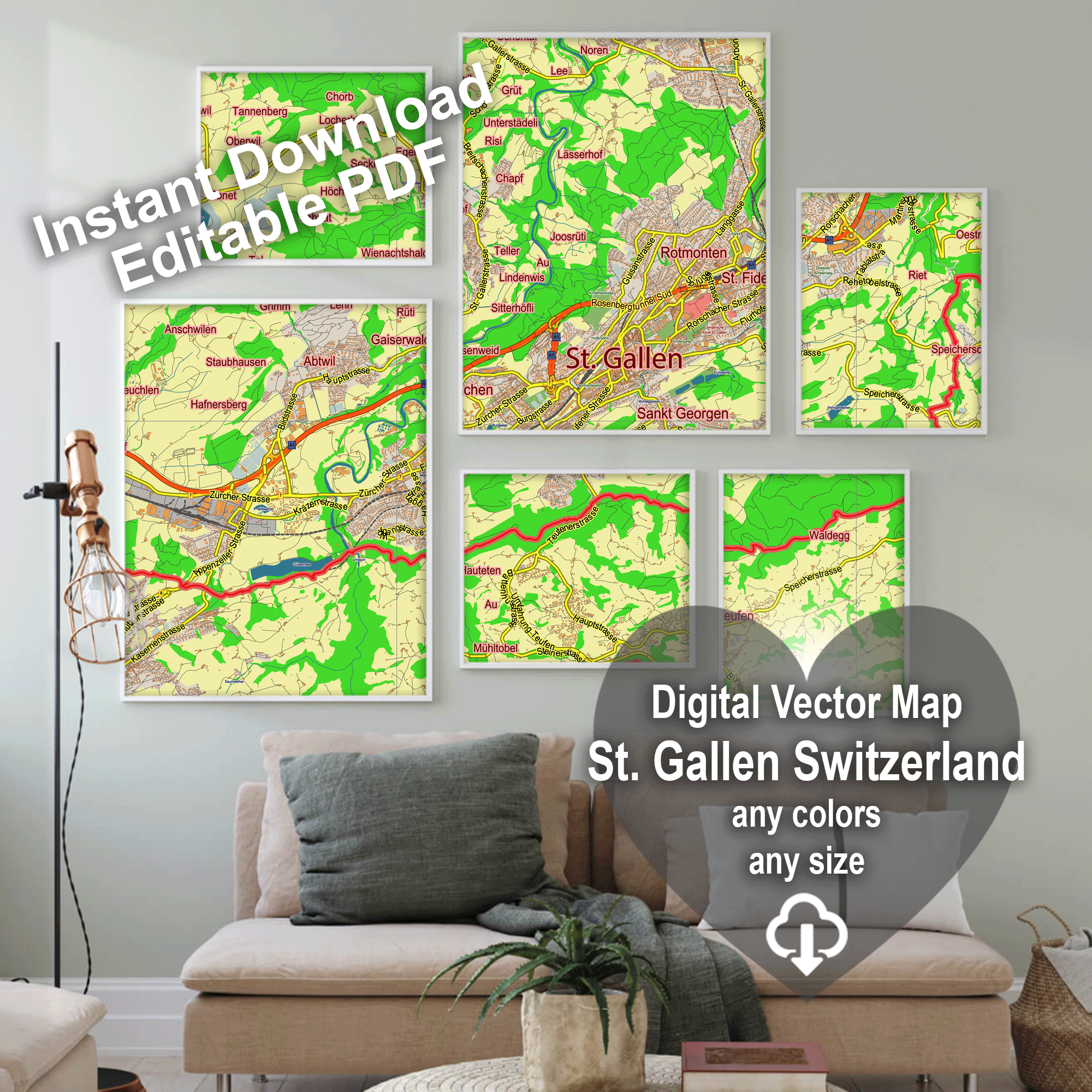 St. Gallen Switzerland editable layered PDF Vector Map