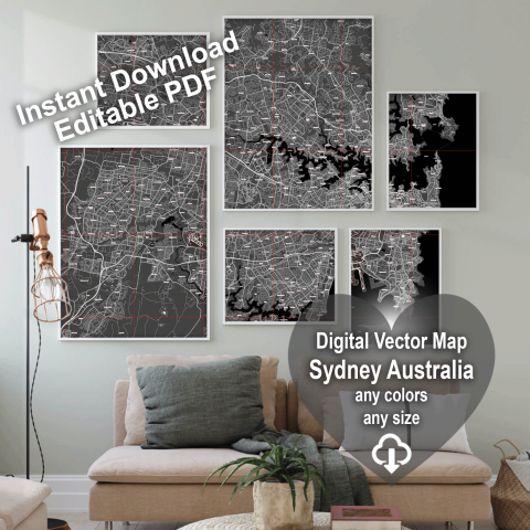 Sydney Australia Map Vector City Plan Low Detailed (simple BLACK ...