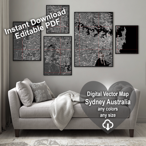 Sydney Australia Map Vector City Plan Low Detailed (simple BLACK ...