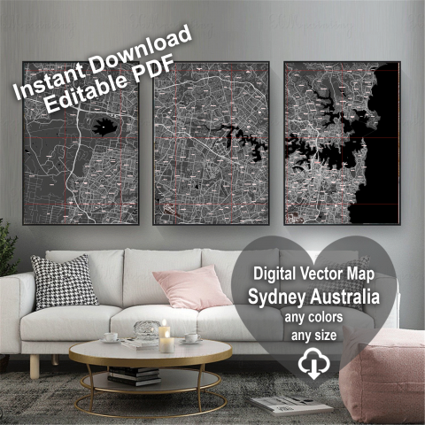 Sydney Australia PDF Vector Map: City Plan Low Detailed (simple BLACK ...