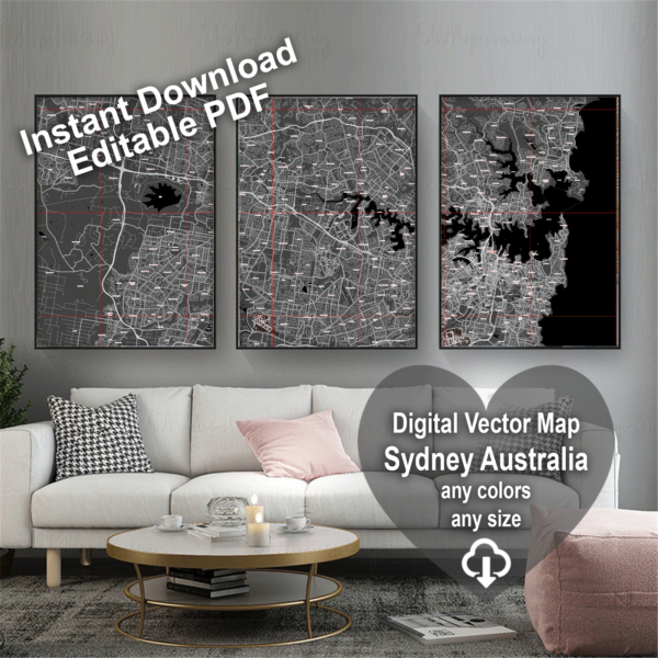 Sydney Australia Map Vector City Plan Low Detailed (simple BLACK & WHITE version) Street Map ...