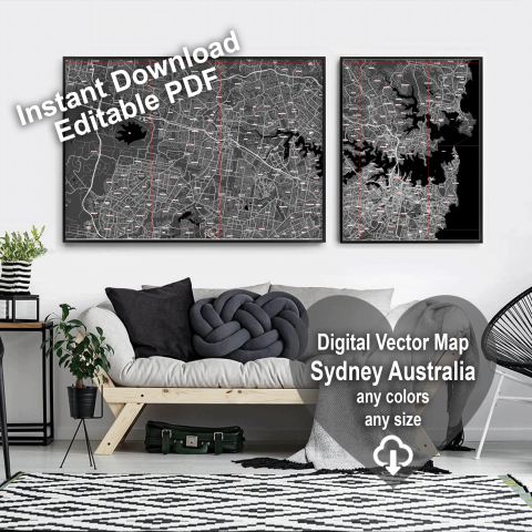 Sydney Australia Map Vector City Plan Low Detailed (simple BLACK ...