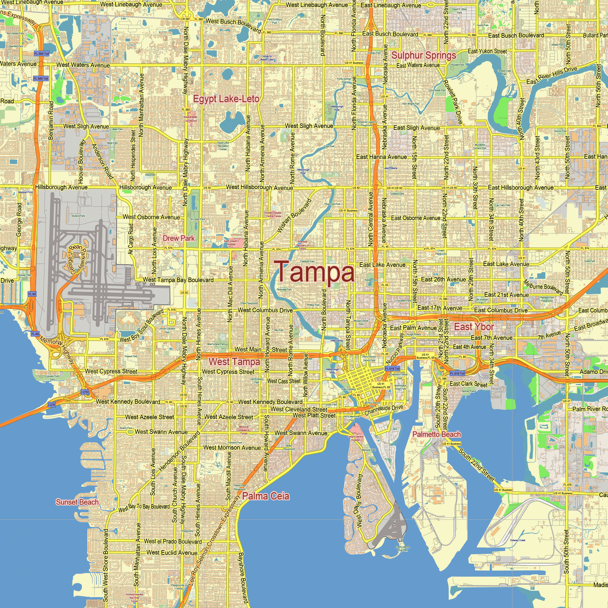 Tampa Bay Florida US editable layered PDF Vector Map – Maps in Vector ...