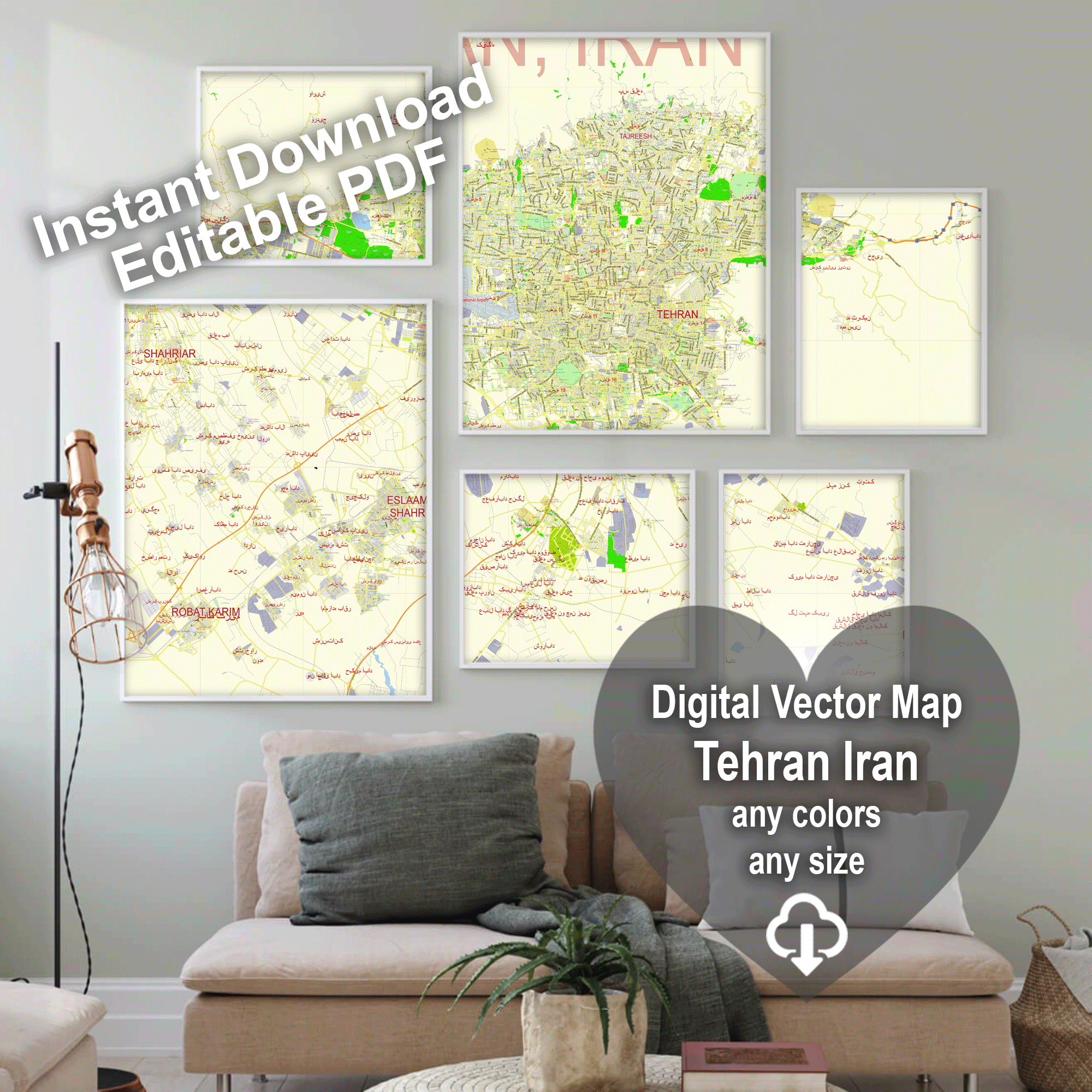Tehran Iran editable layered PDF Vector Map – Maps in Vector: Detailed ...