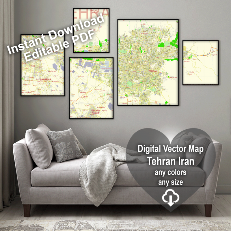 Tehran Iran editable layered PDF Vector Map – Maps in Vector: Detailed ...