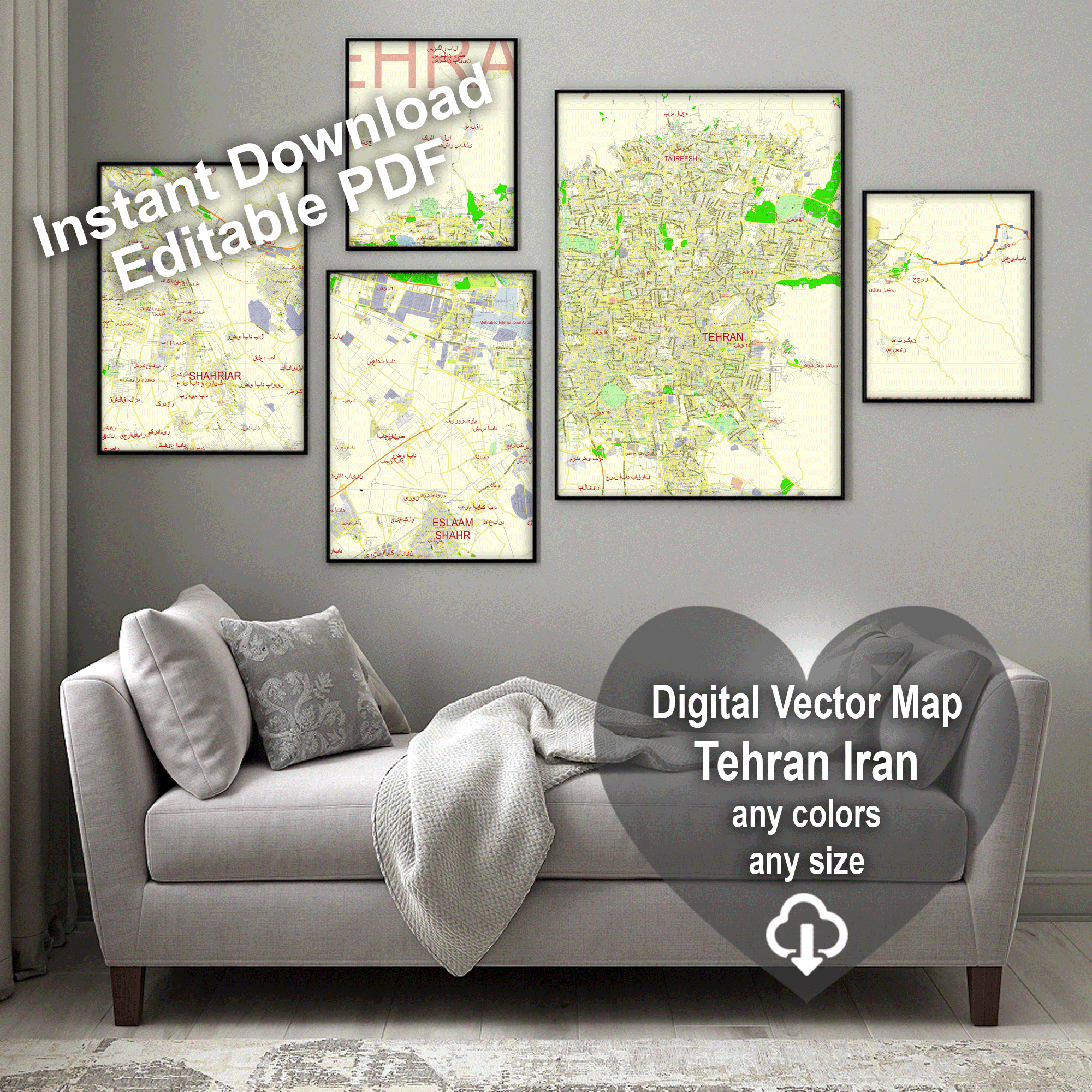 Tehran Iran editable layered PDF Vector Map – Maps in Vector: Detailed ...