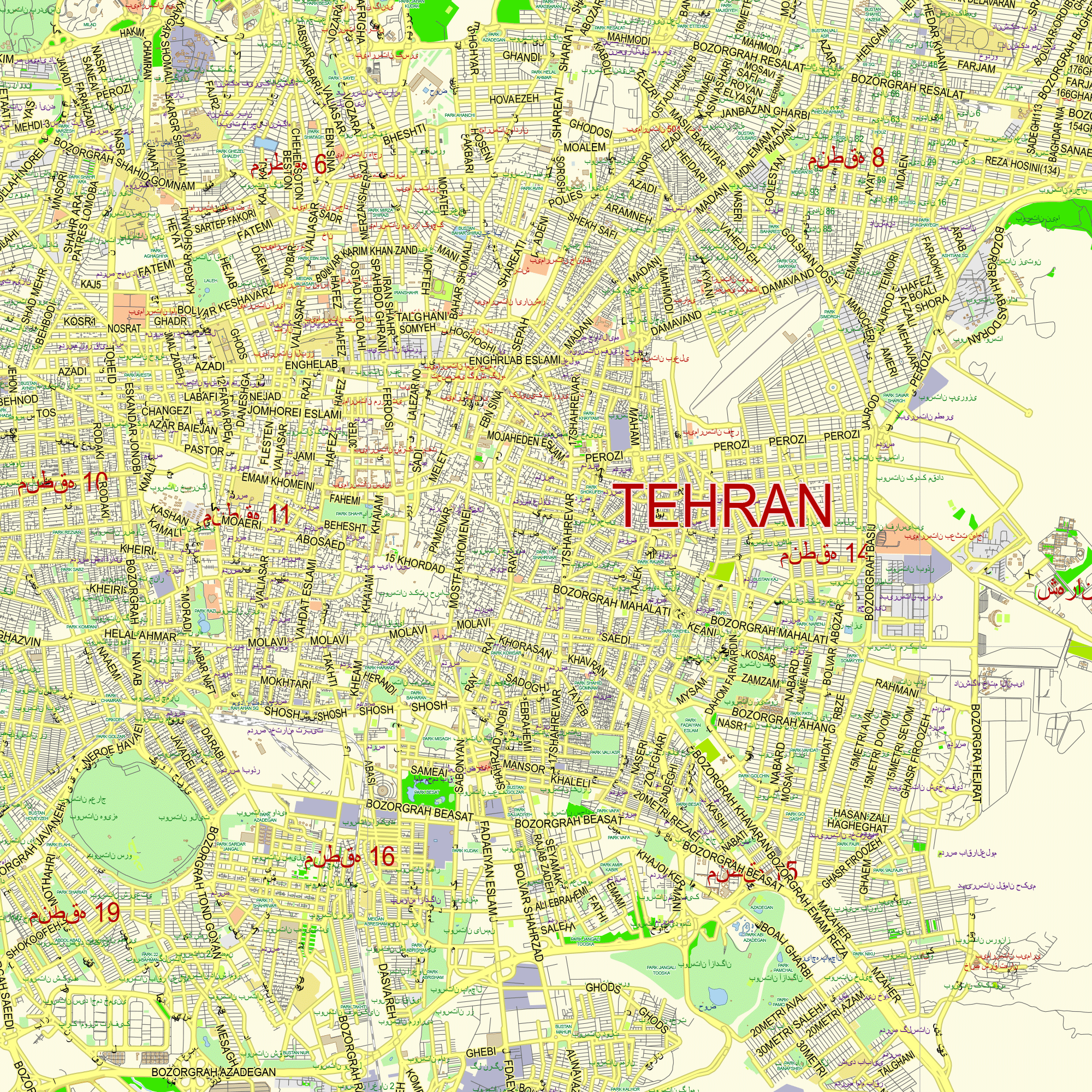 Tehran Iran editable layered PDF Vector Map – Maps in Vector: Detailed ...