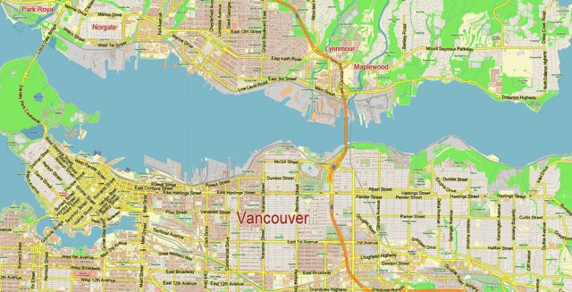 Vancouver Canada Map Vector City Plan Low Detailed (for small print ...