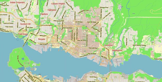 Vancouver Canada Map Vector City Plan Low Detailed (for small print ...