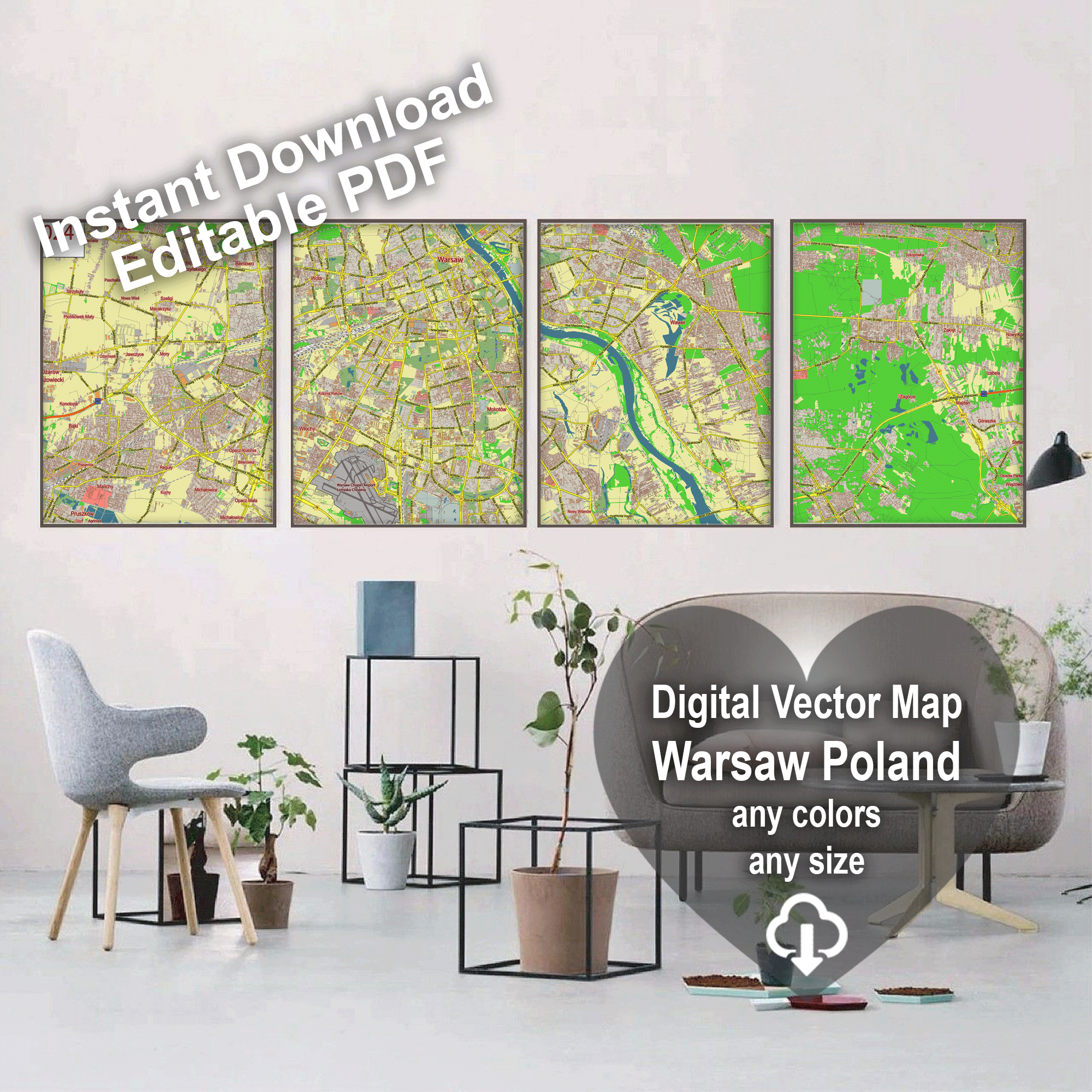 Warsaw Poland editable layered PDF Vector Map – Maps in Vector ...
