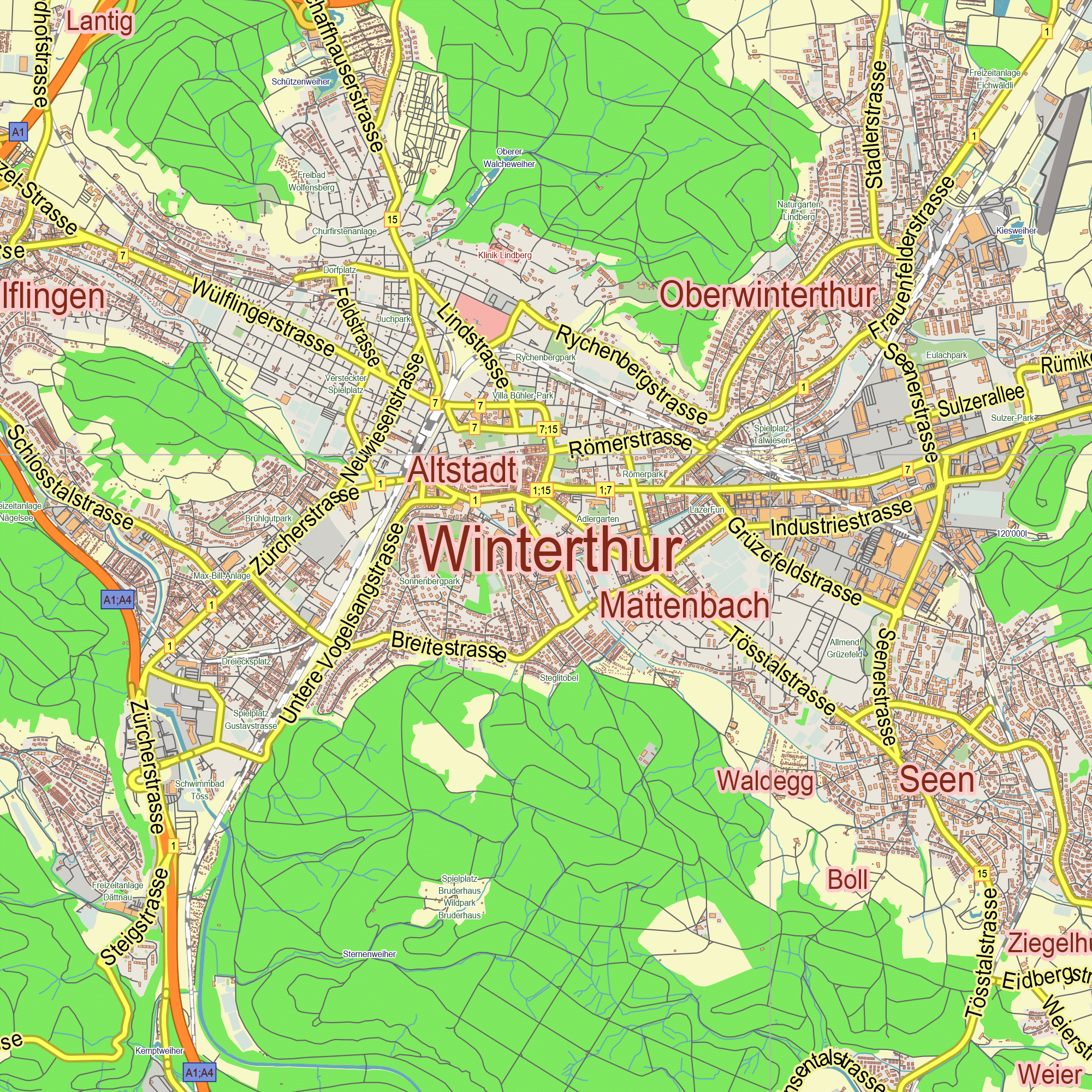 Winterthur Switzerland editable layered PDF Vector Map