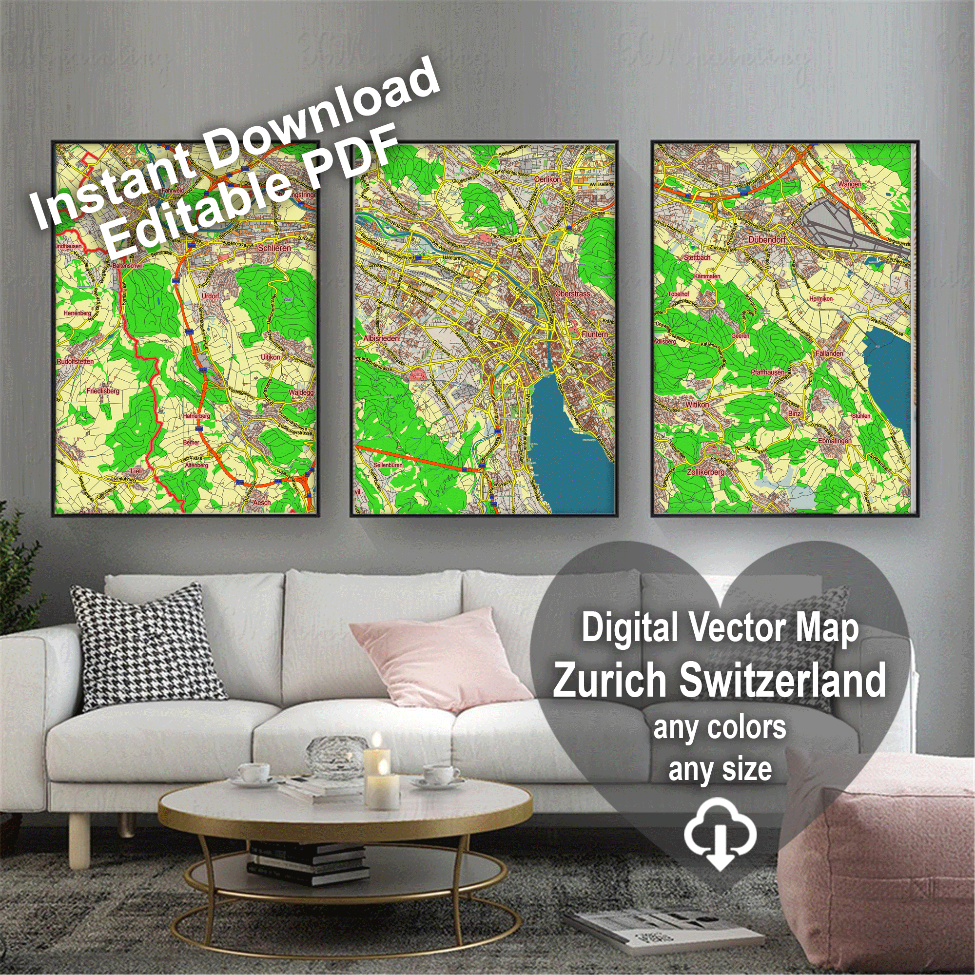 Zurich Switzerland editable layered PDF Vector Map – Maps in Vector ...