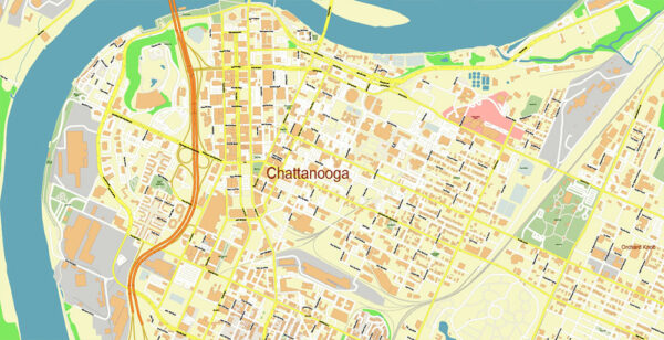 Chattanooga Tennessee US PDF Vector Map: Exact High Detailed City Plan ...