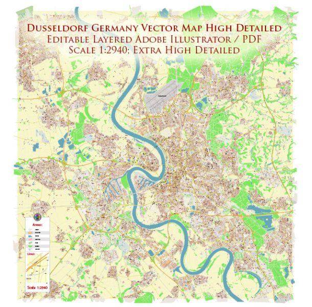 Dusseldorf Printable Vector Map, Germany, G-View level 17 (100 m scale) street City Plan map ...