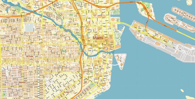 Miami Florida US Map Vector Exact High Detailed City Plan editable ...