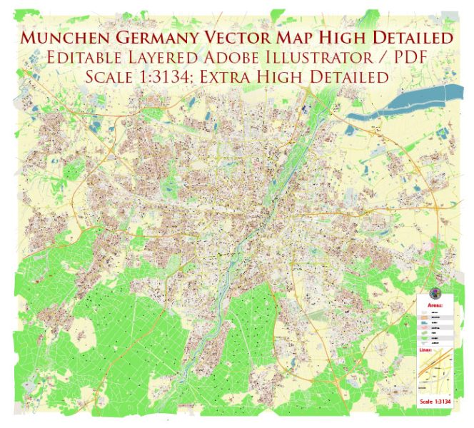 Munich Munchen, Germany, printable vector street City Plan map, full ...