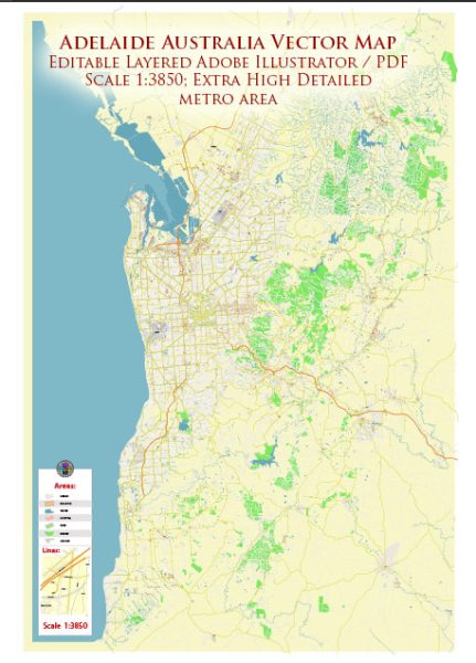 Adelaide, Australia Printable Vector Map, exact City Plan, full ...