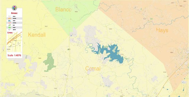 Comal County Texas US New Braunfels PDF Vector Map: Accurate Roads Plan ...