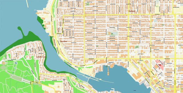 Seattle + Bellevue Washington US City Vector Map Exact High Detailed ...
