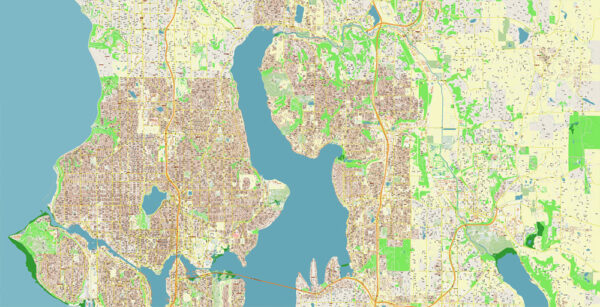 Seattle + Bellevue Washington US City Vector Map Exact High Detailed ...