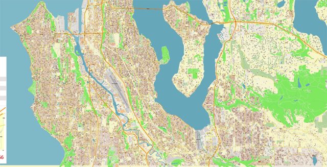 Seattle + Bellevue Washington US City Vector Map Exact High Detailed ...