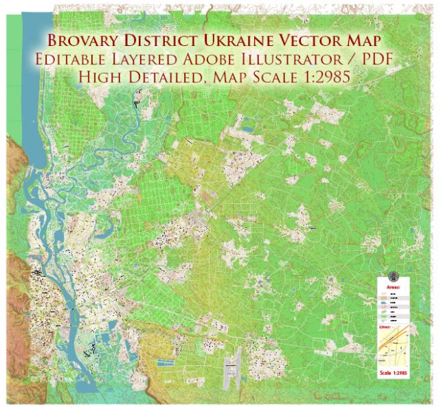 Brovary District Ukraine Map Vector Exact City Plan (+ Relief Isolines ...