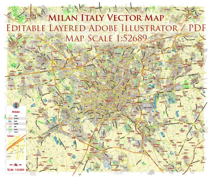 Milan Italy Map Vector City Plan Low Detailed (for small print size ...