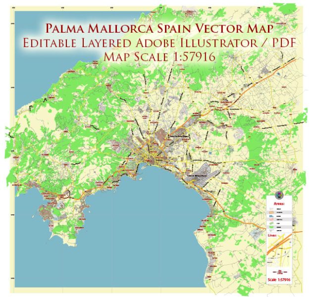 Palma Mallorca Spain PDF Vector Map: City Plan Low Detailed (for small ...
