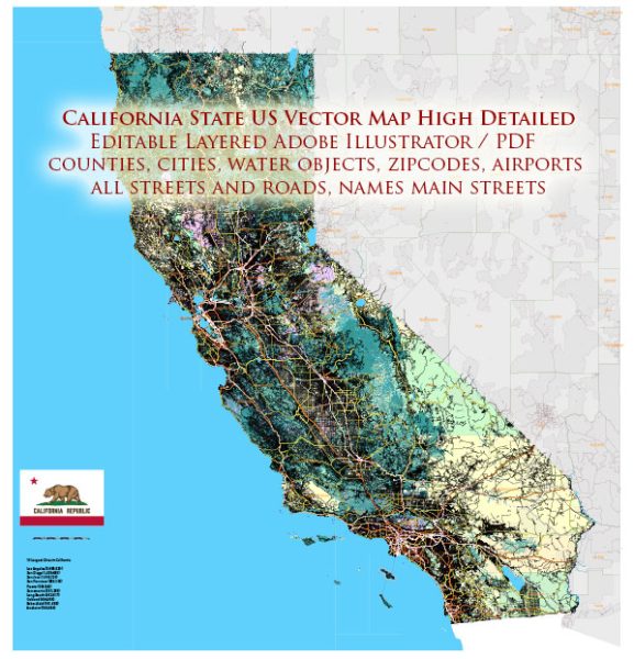 Free vector map California State US – counties areas and names: Ai, PDF ...