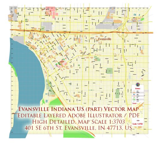 Evansville (cental part) Indiana US Map Vector City Plan High Detailed ...