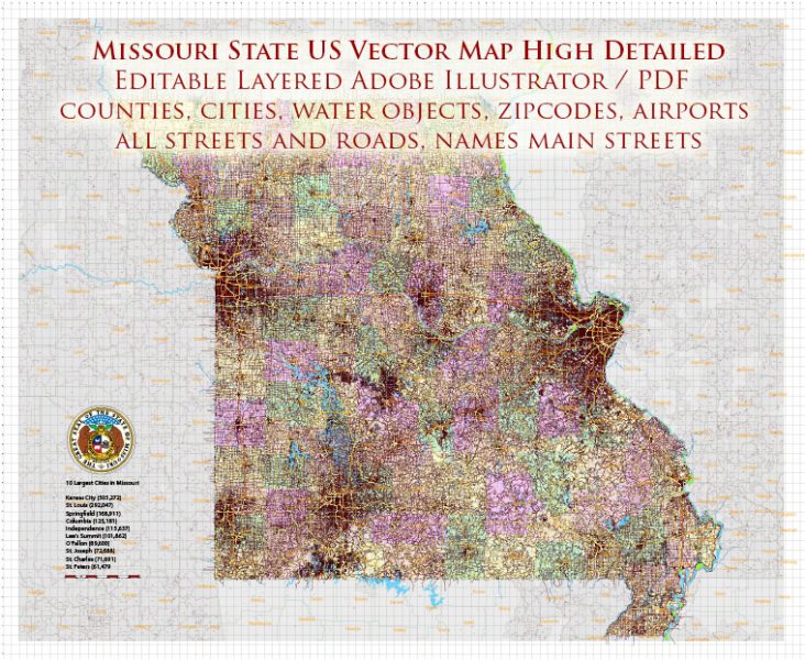 Missouri State US Map Vector Exact Roads Plan High Detailed Street Map ...