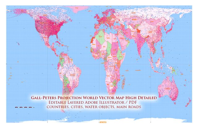 World Gall-Peters Projection Political PDF Vector Map High Detailed V.3 ...