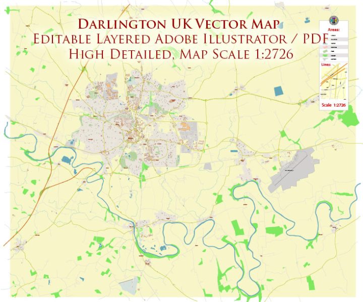 Darlington UK Map Vector City Plan High Detailed Street Map editable ...