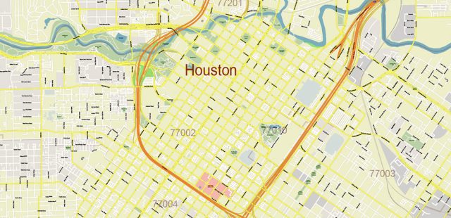 Houston Texas US + Zipcodes Areas Map Vector City Plan High Detailed ...