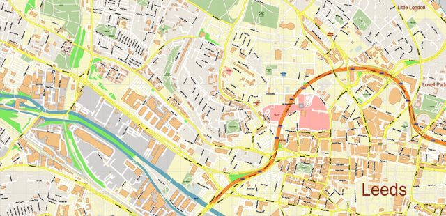 Leeds + Bradford UK Map Vector City Plan High Detailed Street Map ...
